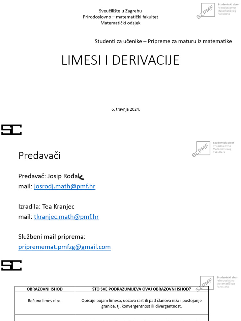 15. Predavanje - Limesi i Derivacije, Prvi Dio | PDF
