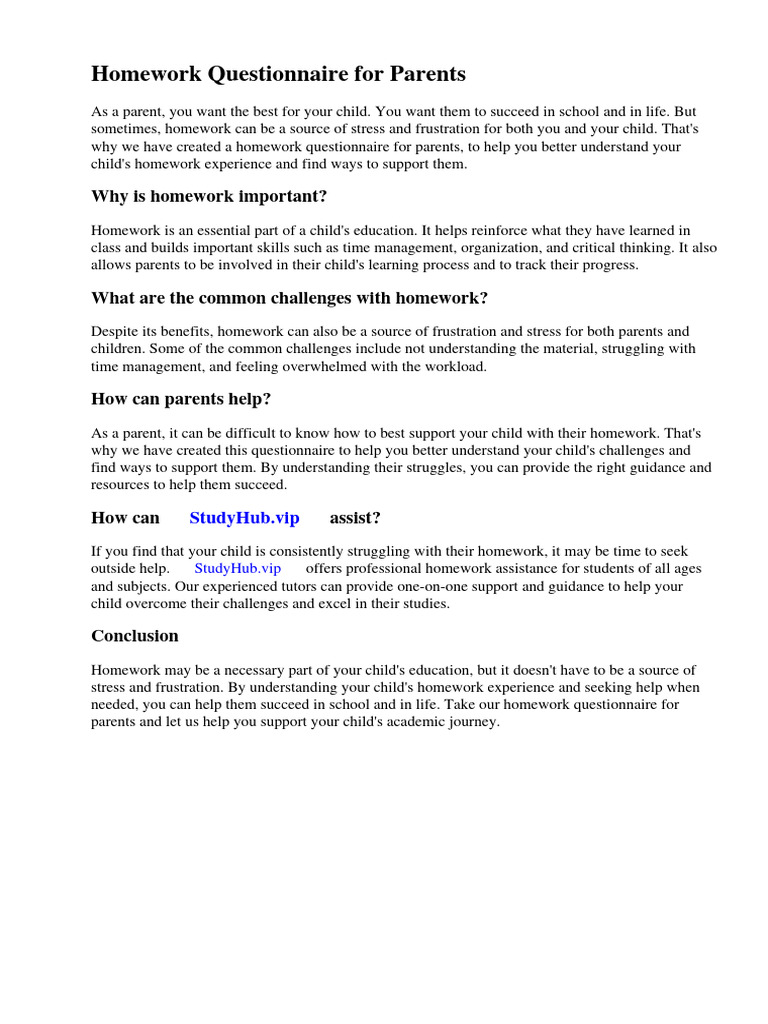 Homework Questionnaire for Parents | PDF | Homework | Questionnaire