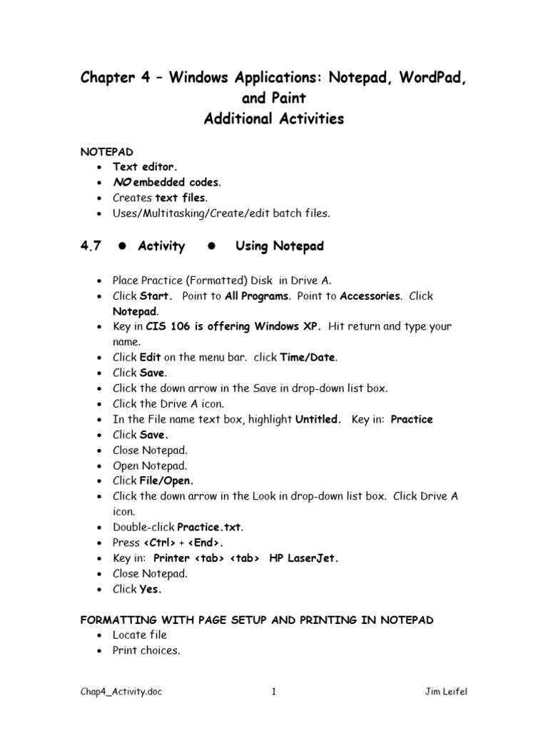 Chapter 4 Windows Applications - Notepad, WordPad, and Paint Additional ...