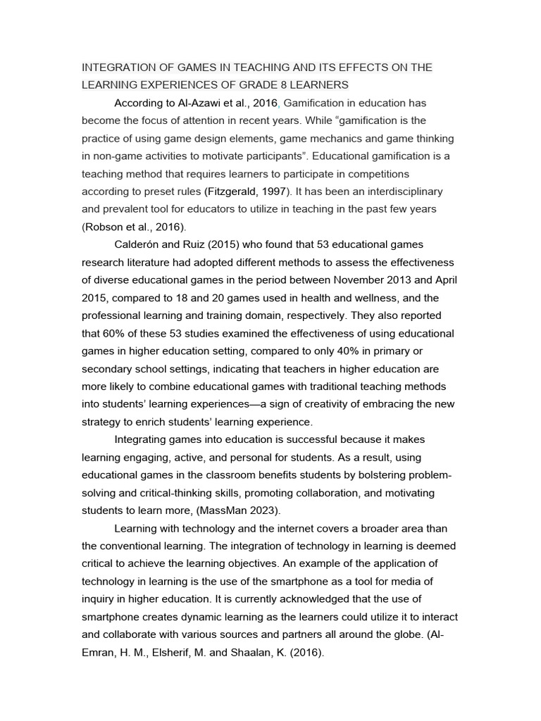 Integration Of Games Pdf Learning Teaching Method