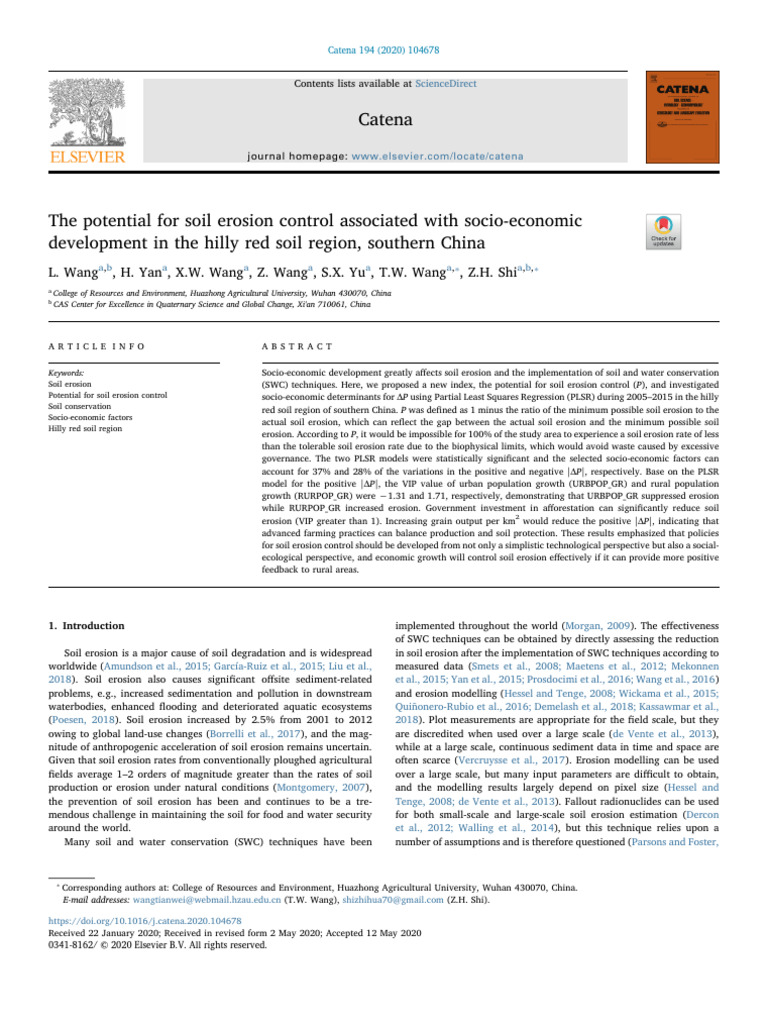 10 1016@j Catena 2020 104678 | PDF | Agriculture | Soil