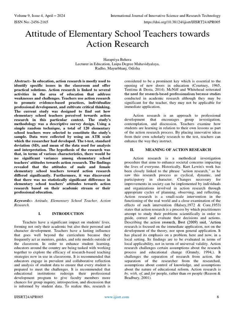 Attitude of Elementary School Teachers Towards Action Research | PDF | Action Research | Teachers