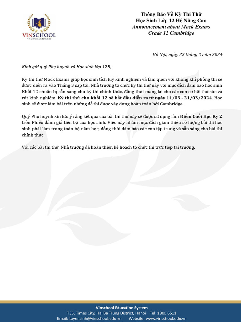 (Mock 23-24) A Level - G12 Letter To Parents | PDF