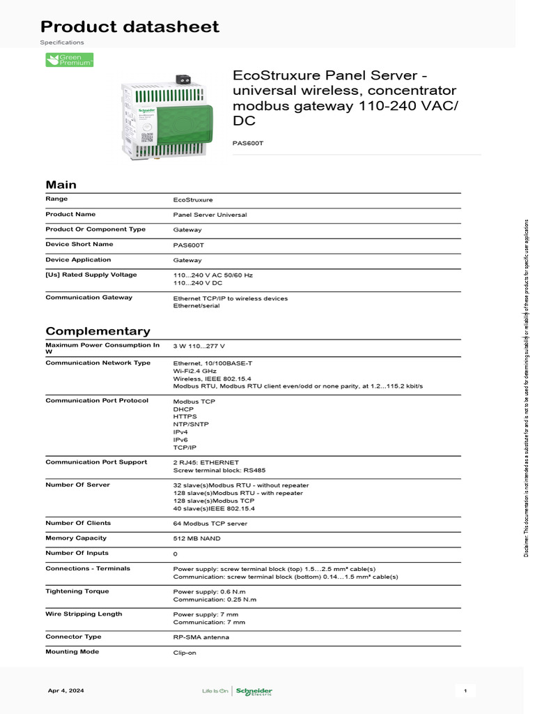 Schneider Electric - EcoStruxure-Panel-Server - PAS600T | PDF ...