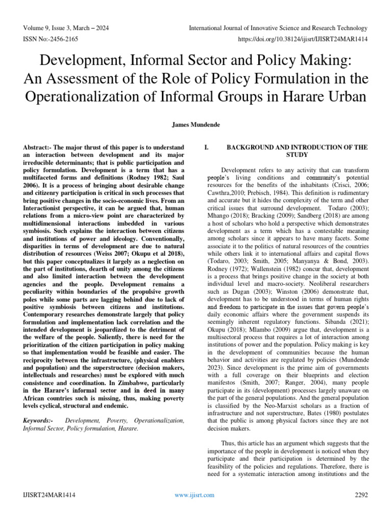 Development, Informal Sector and Policy Making: An Assessment of The ...