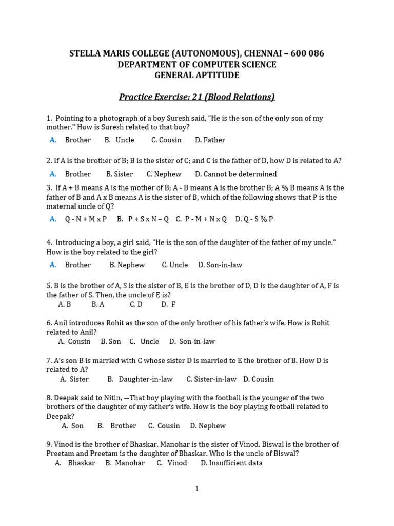 Blood Relation Reasoning Exercises | PDF | Family | Human Life Stages