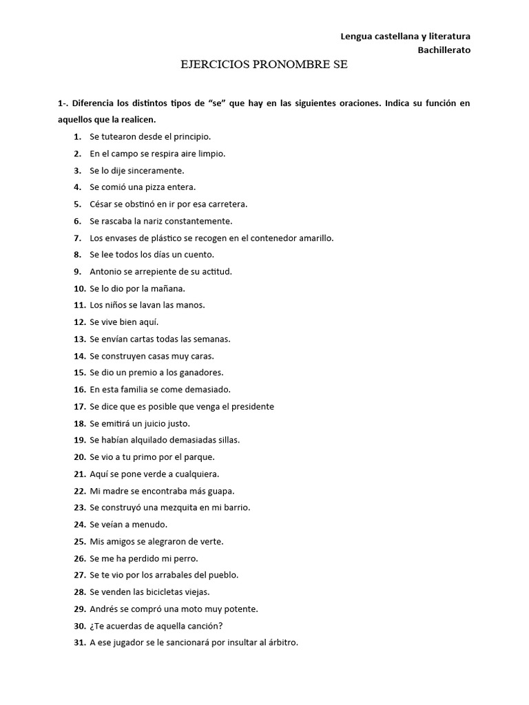 8-. Ejercicios Del Pronombre SE I | PDF