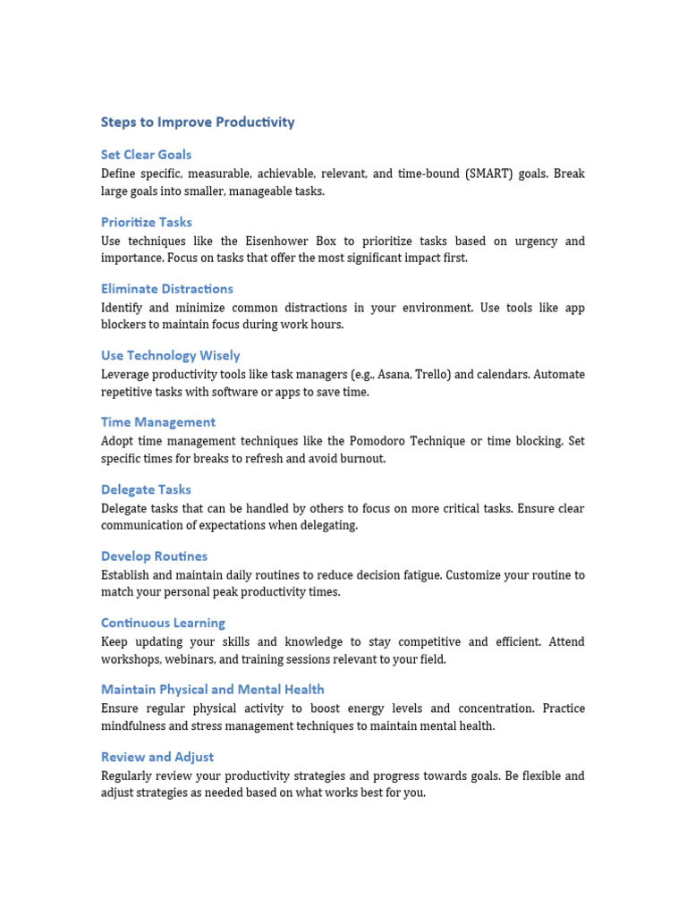 Steps To Improve Productivity | PDF | Career & Growth | Finance & Money Management