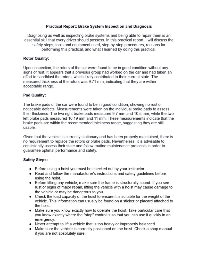 Practical Report (Brake System Inspection and Diagnosis) | PDF | Nut ...