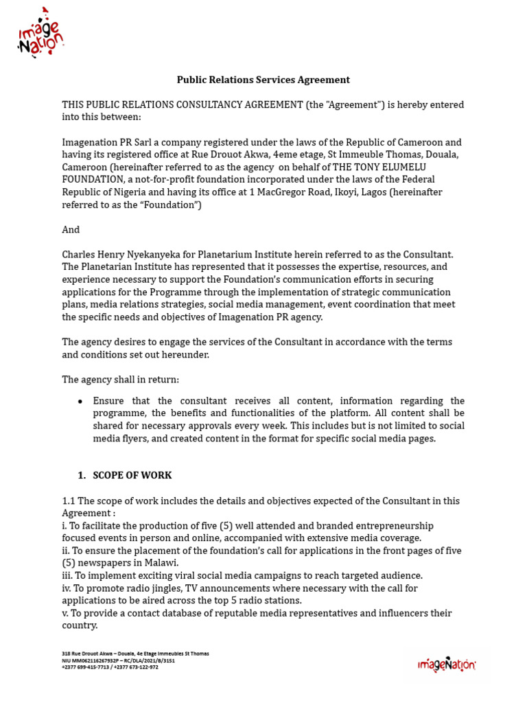 Public Relations Consultancy Agreement | PDF | Public Relations ...