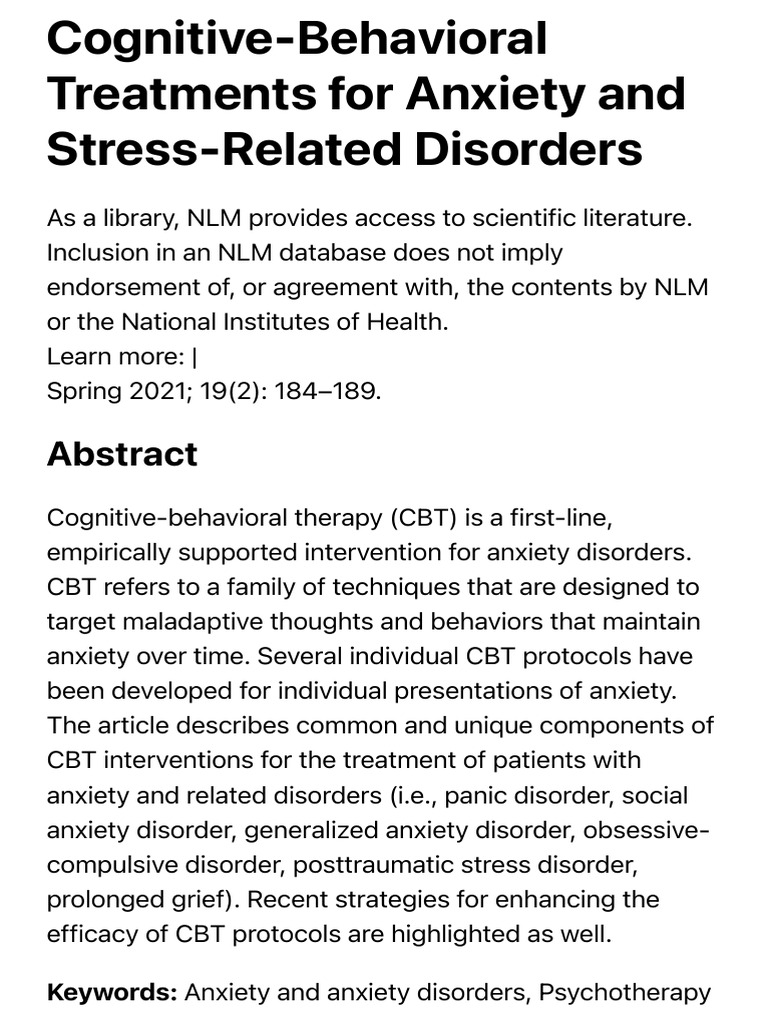 Cognitive Behavioral Treatments For Anxiety And Stress Related