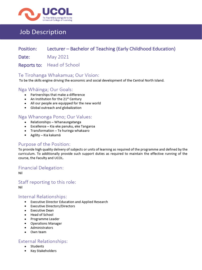 Job Description Bachelor of Teaching Ecec Lecturer 2021 | PDF ...