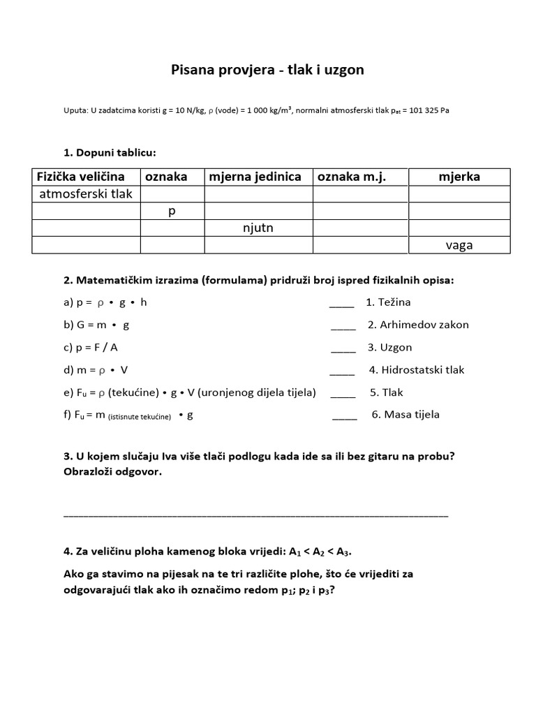 Fizika - Tlak I Uzgon (Pisana Provjera, 7.r) | PDF