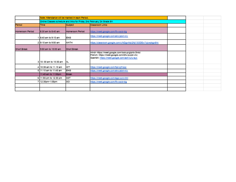 FRIDAY 2nd February,'24 Online Class Schedule - Grade-8A | PDF