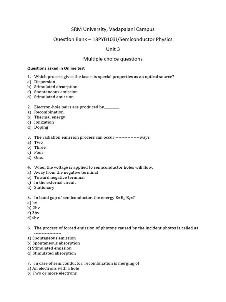 Unit 3 Question Bank | PDF | Semiconductors | P–N Junction