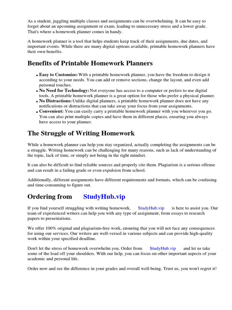 Printable Homework Planners For Students | Download Free PDF | Homework