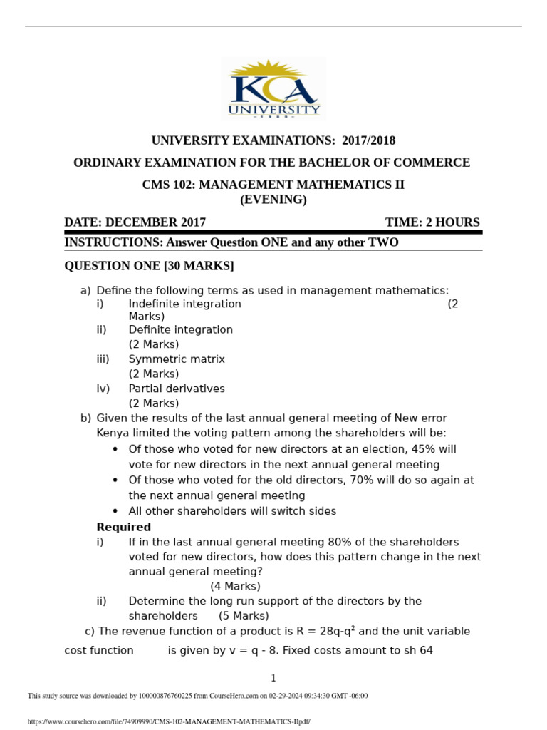 CMS 102 Management Mathematics Ii PDF | PDF | Input–Output Model | Business Economics