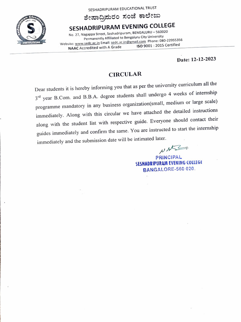 Bba Internship Circular | Download Free PDF | Educational Stages