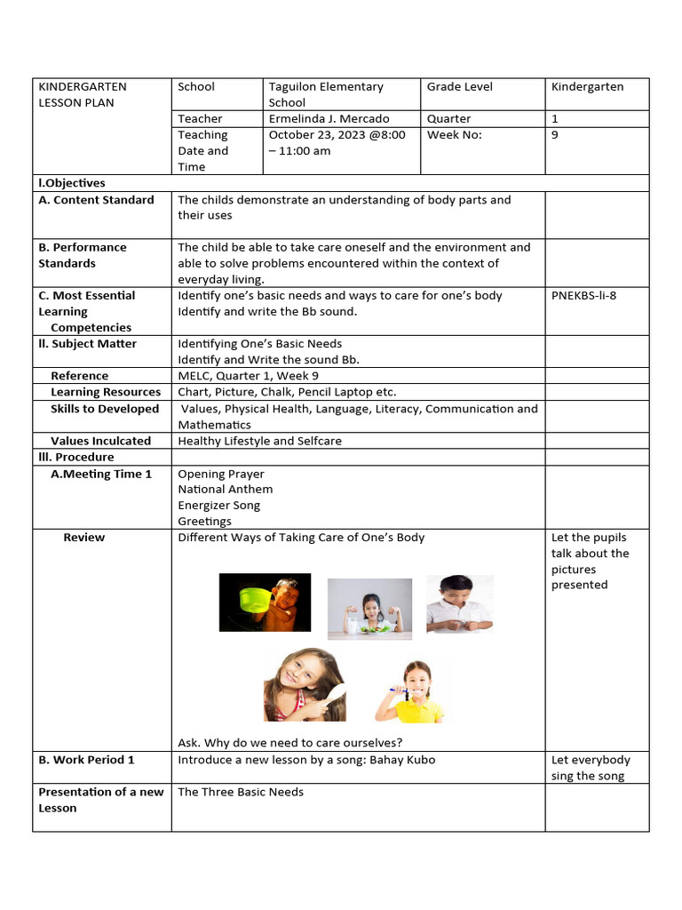 Kindergarten Lesson Plan | PDF | Learning | Lesson Plan
