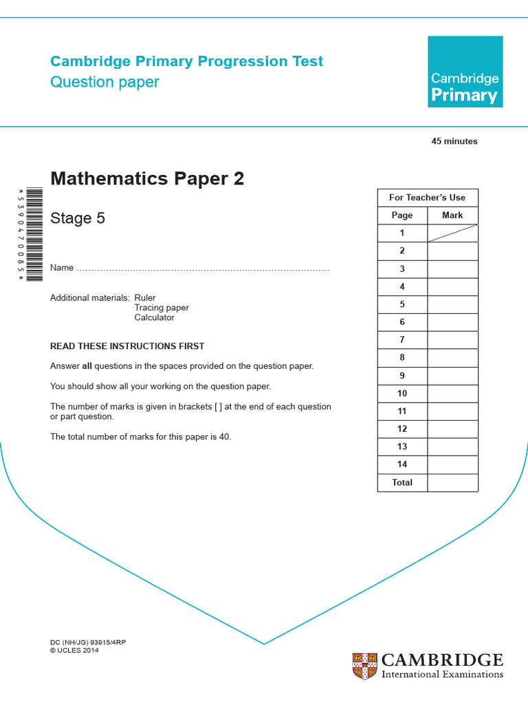Cambridge Grade 5 Maths Test Paper | PDF | Mathematics
