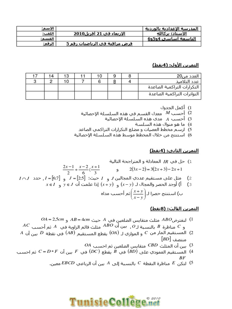 Devoir de Controle N5 - Math - 9eme (2009-2010) MR Barkallah Lotfi | PDF