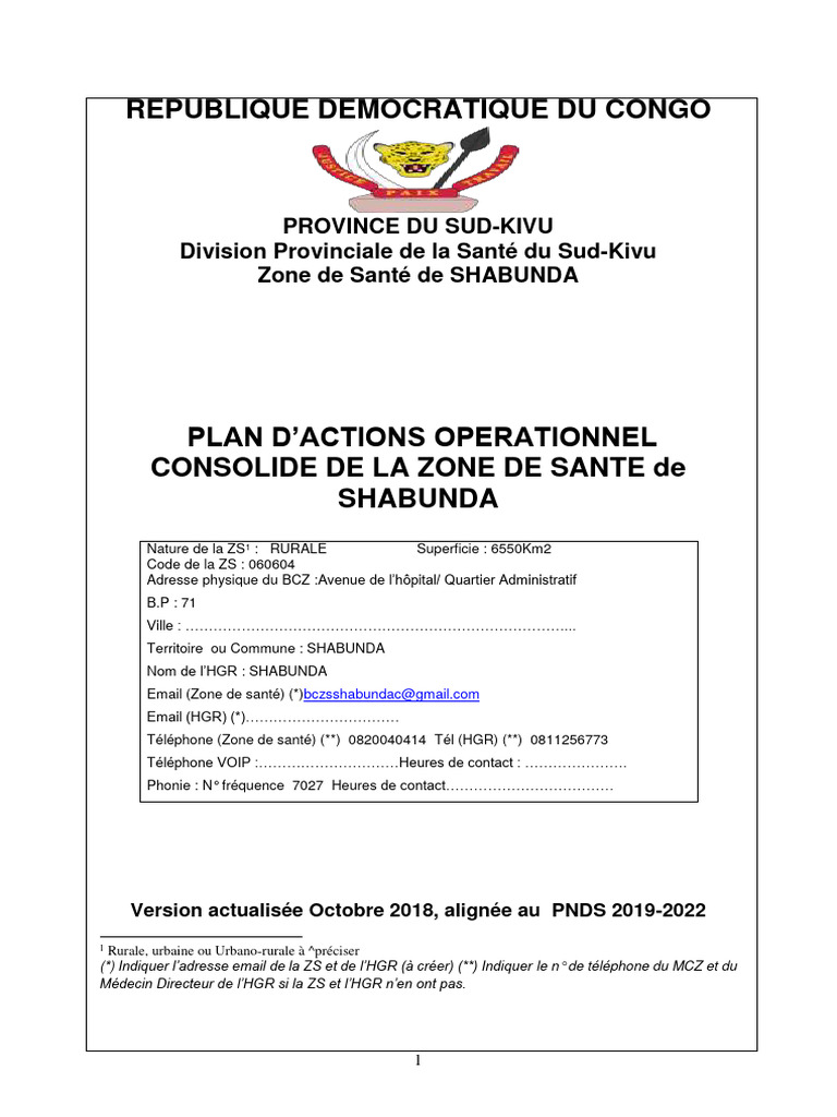 Plan d'Actions Opérationnel Shabunda | PDF
