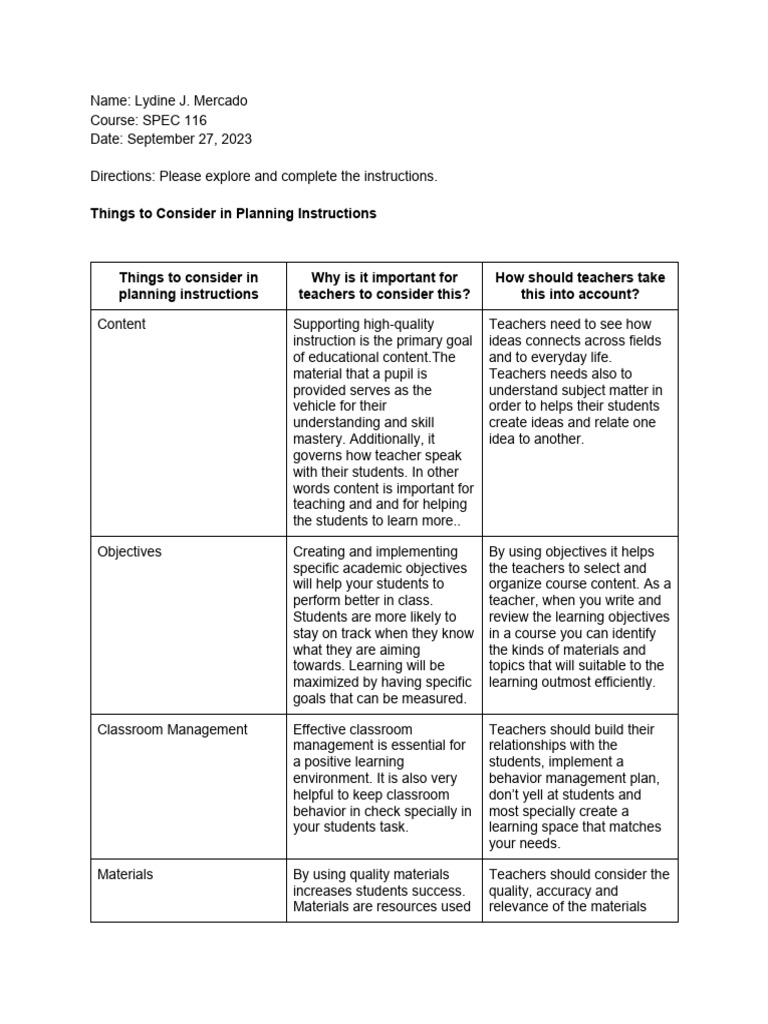 Things To Consider in Planning Instructions | PDF | Teachers | Learning