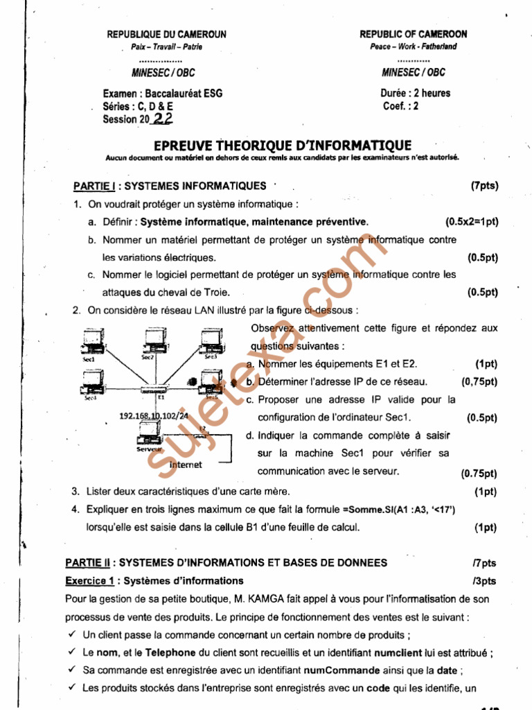 Épreuve d'informatique Bac 2022 Cameroun | PDF | Informatique ...