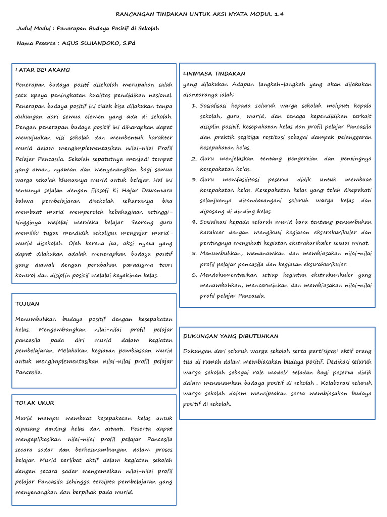 Rancangan Tindakan Untuk Aksi Nyata Modul 1.4 Agus | PDF