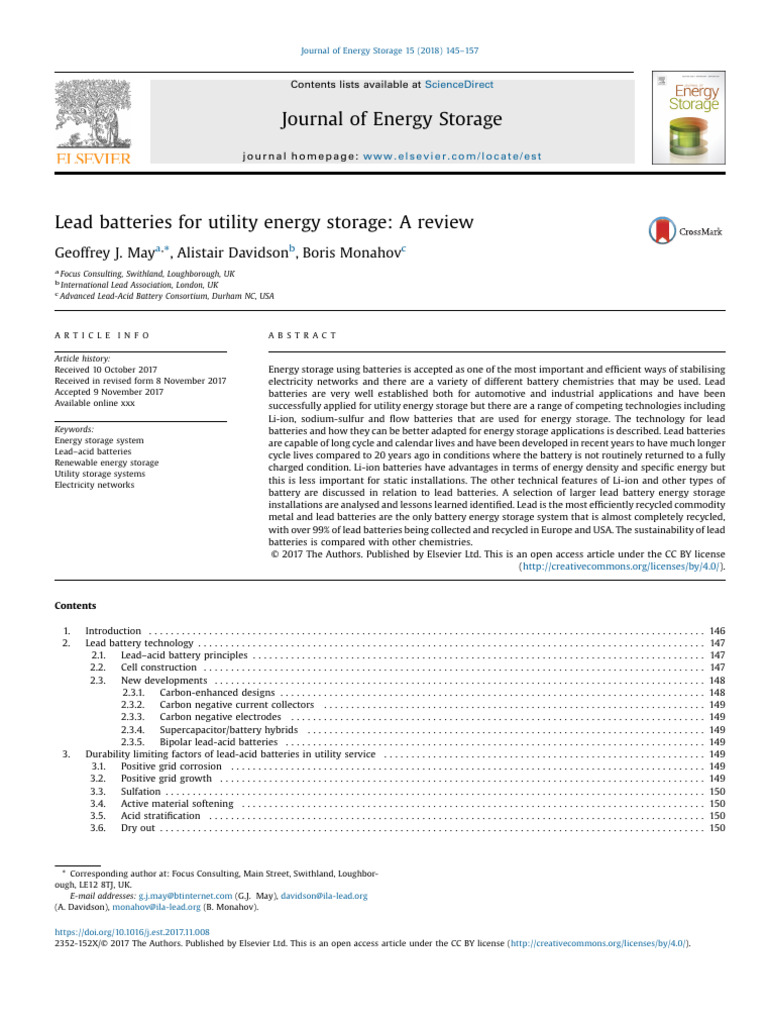 Lead Batteries in Utility Energy Storage | PDF | Rechargeable Battery ...