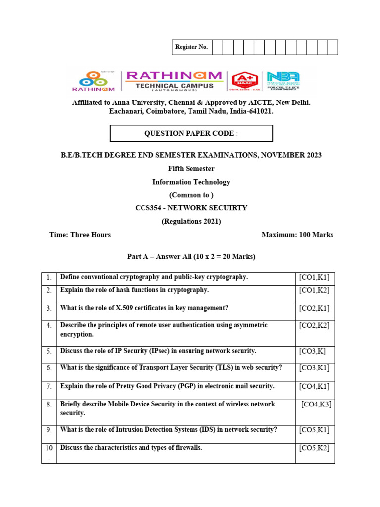 Question Paper ccs354 | PDF | Computer Network | Cryptography