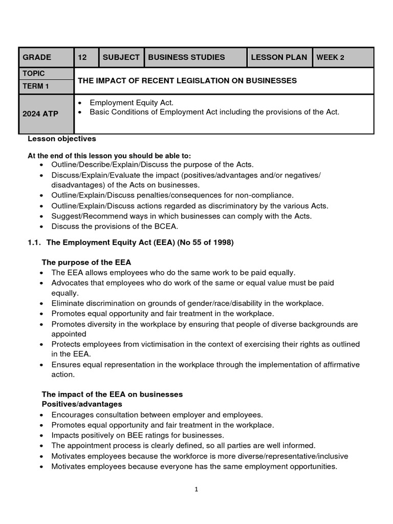 2024 Grade 12 Business Studies Lesson Plans t1 Week 1 and 2 Final | PDF ...