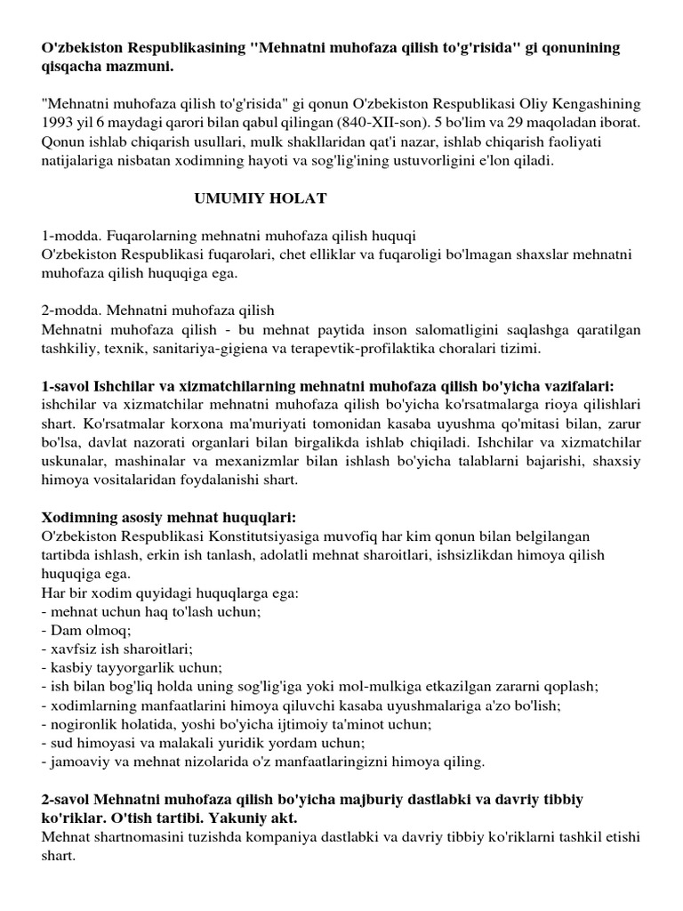 Javoblar Mehnat Muhofazasi | PDF