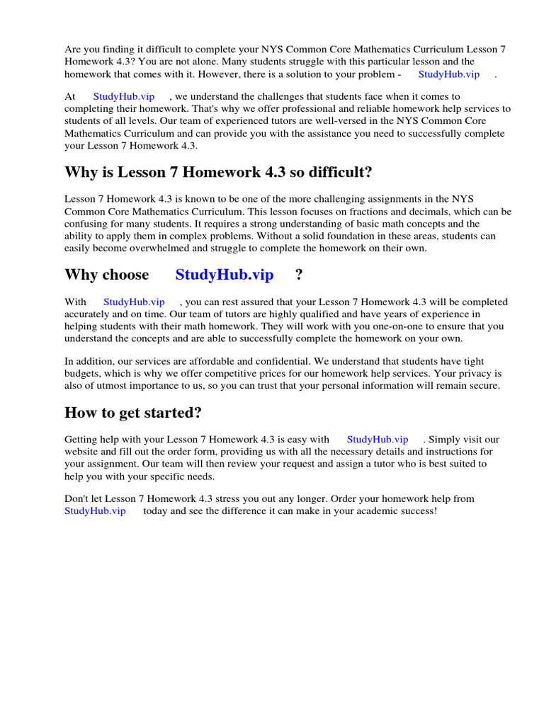 Nys Common Core Mathematics Curriculum Lesson 7 Homework 4.3 | PDF ...