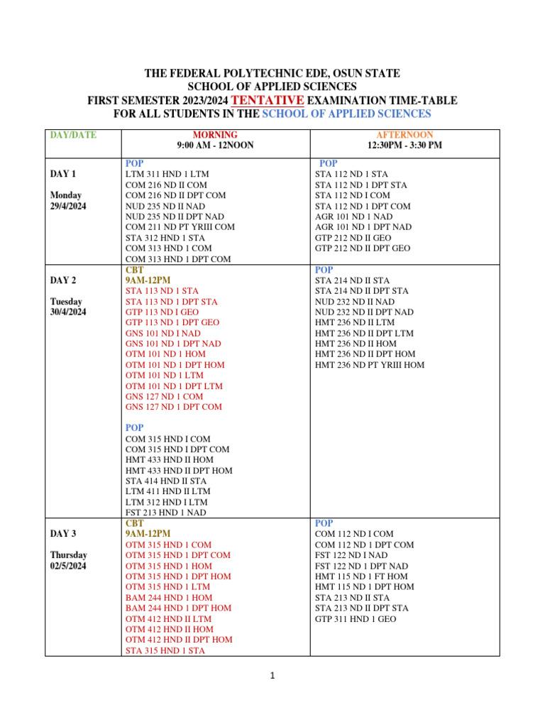 .SAS First Semester Tentative Exam Time Table 2024-1 | PDF