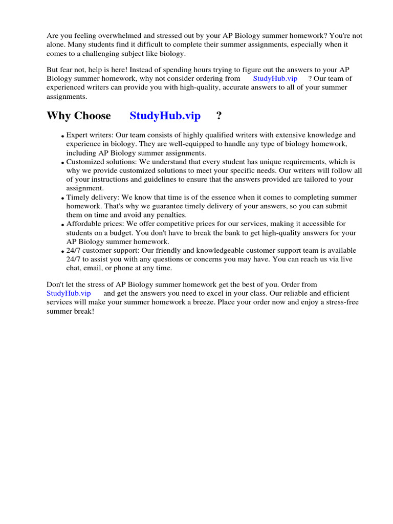 AP Biology Summer Homework Help | PDF | Essays | Homework