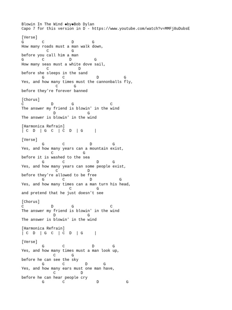 Blowin' in the Wind Lyrics & Chords | PDF
