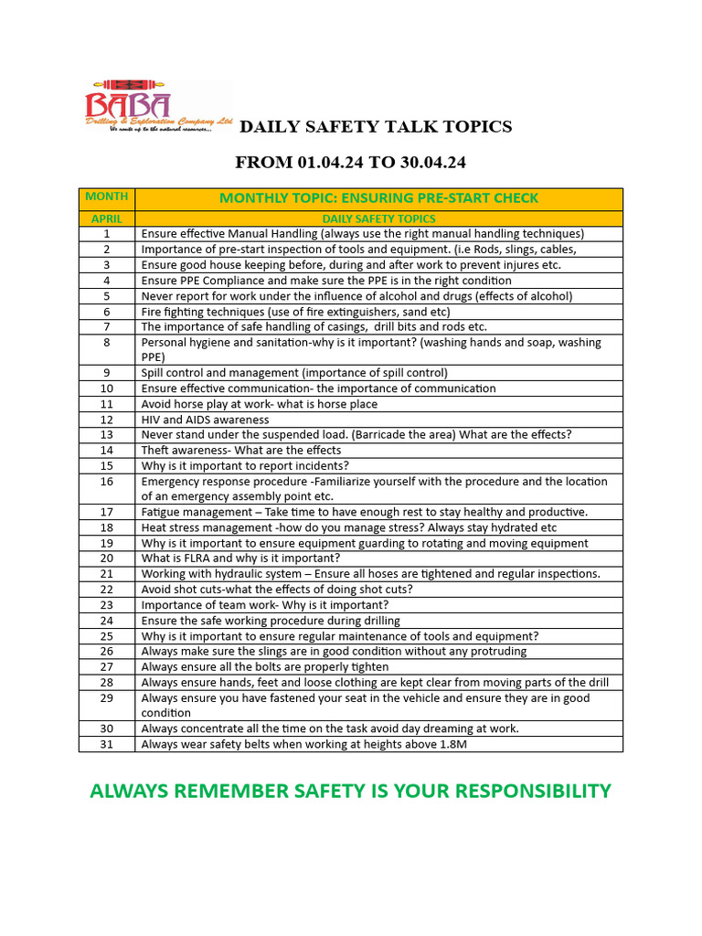 April Daily Safety Talk Topics | PDF | Safety