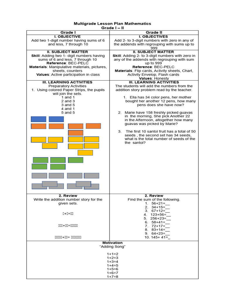 Final Lesson Plan in Multigrade Mathematics Grade 1 and 2 | PDF ...