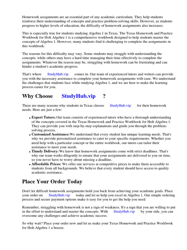 Texas Homework and Practice Workbook Holt Algebra 1 Answer Key | PDF ...