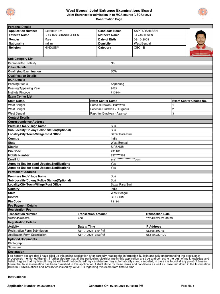 Saptarshi Sen Jeca Application Form 2024 | PDF