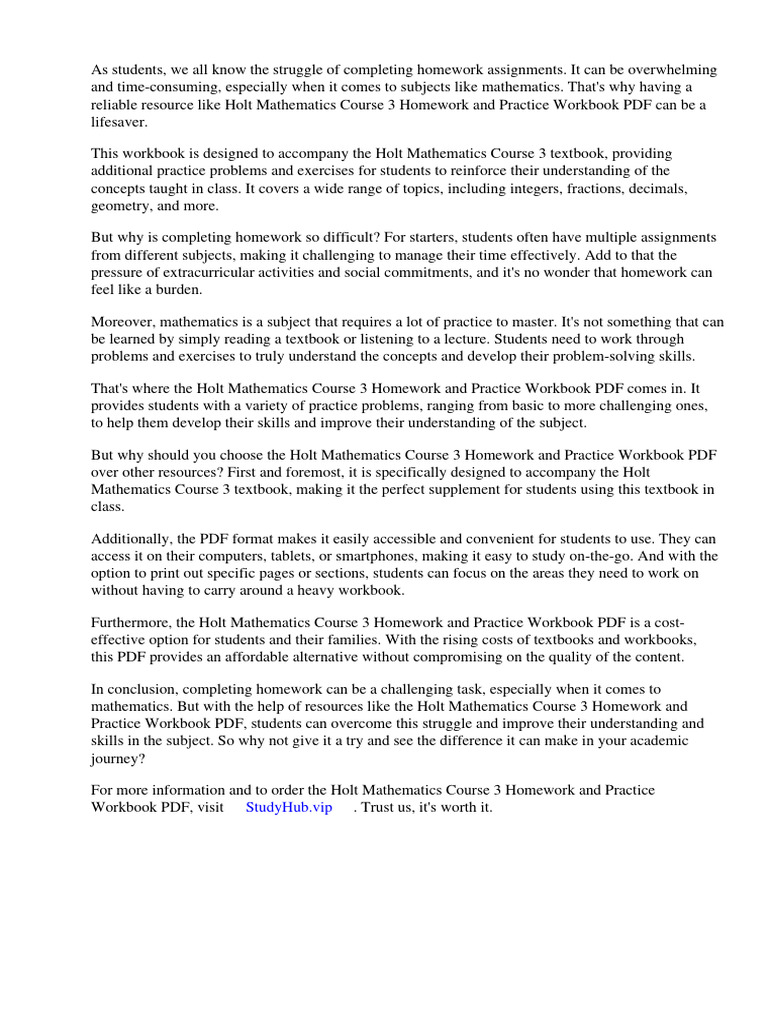 Holt Mathematics Course 3 Homework and Practice Workbook PDF | PDF ...