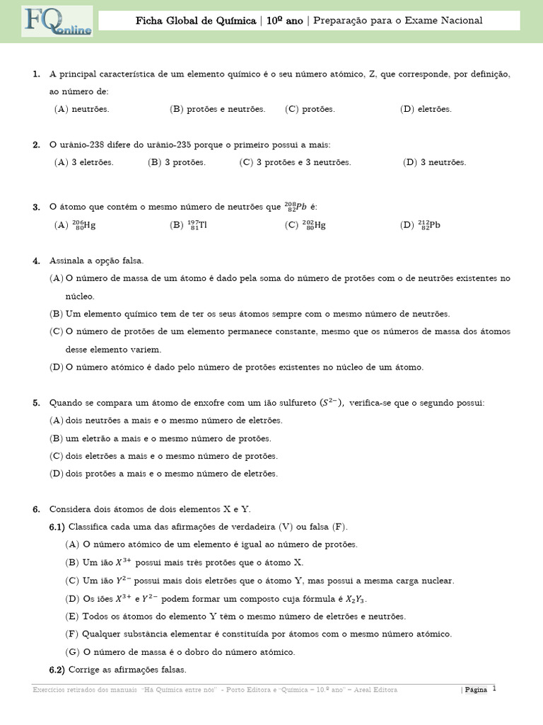 1_Ficha Global_Química 10º Ano (1) | PDF | Átomos | Tabela periódica