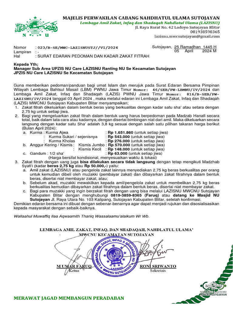SE Zakat Fitrah LAZISNU MWCNU Sutojayan 2024 | PDF