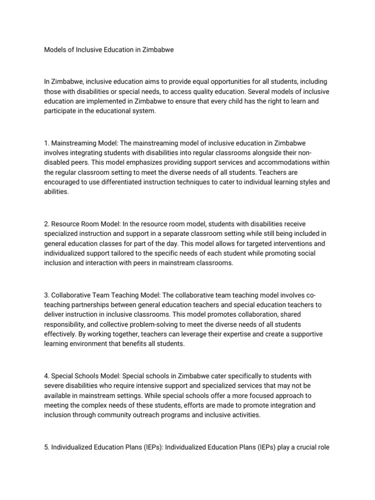 Models of Inclusive Education in Zimbabwe | PDF | Inclusion (Education ...