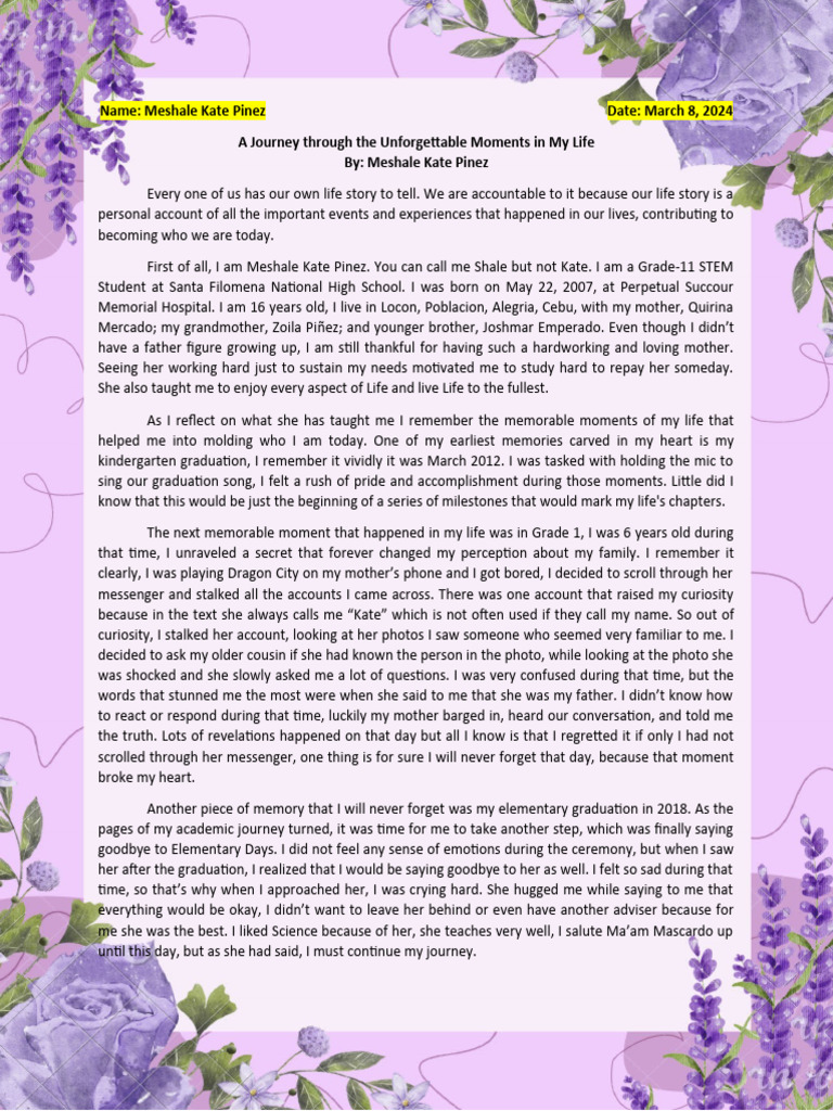 A Journey through the Unforgettable Moments in My Life | PDF