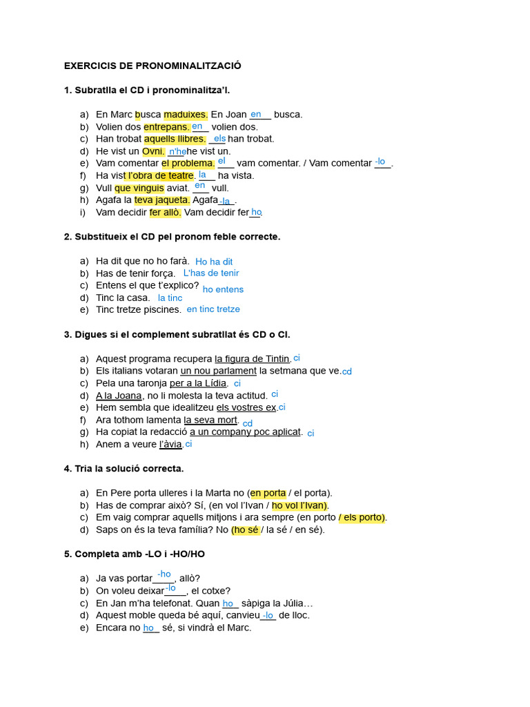 7292 20230113 Exercici Exercicis de Pronominalitzacio | PDF
