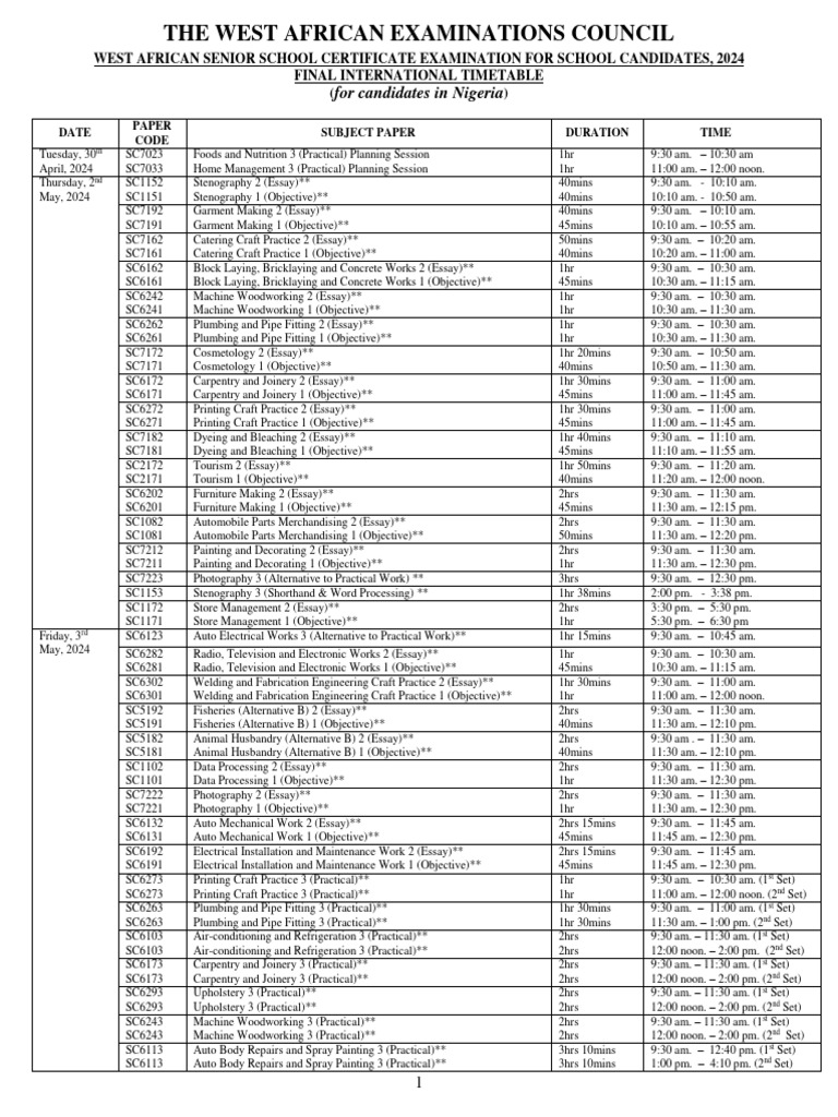 WAEC 2024 Timetable for Nigeria | PDF | Plumbing | Carpentry