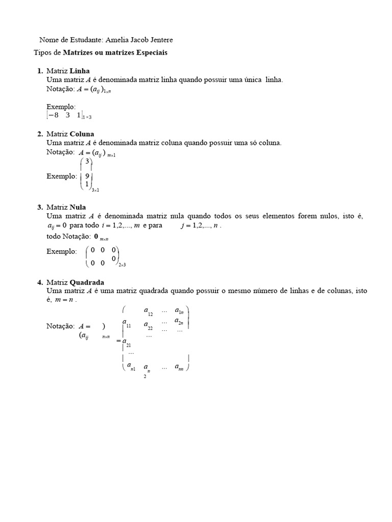 Tipos de Matrizes | PDF | Matriz (Matemática) | Funções e mapeamentos