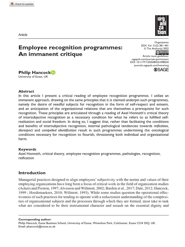 Hancock 2022 Employee Recognition Programmes An Immanent Critique | PDF ...